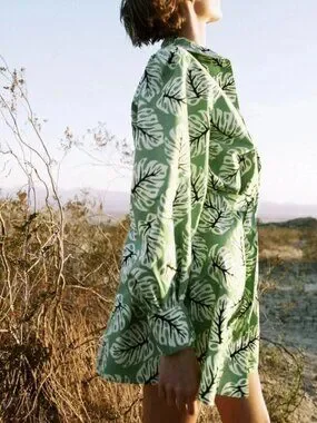 Zara | Dresses | Zara Green Leaf Print Olivia Shirt Dress Cotton Poplin ...